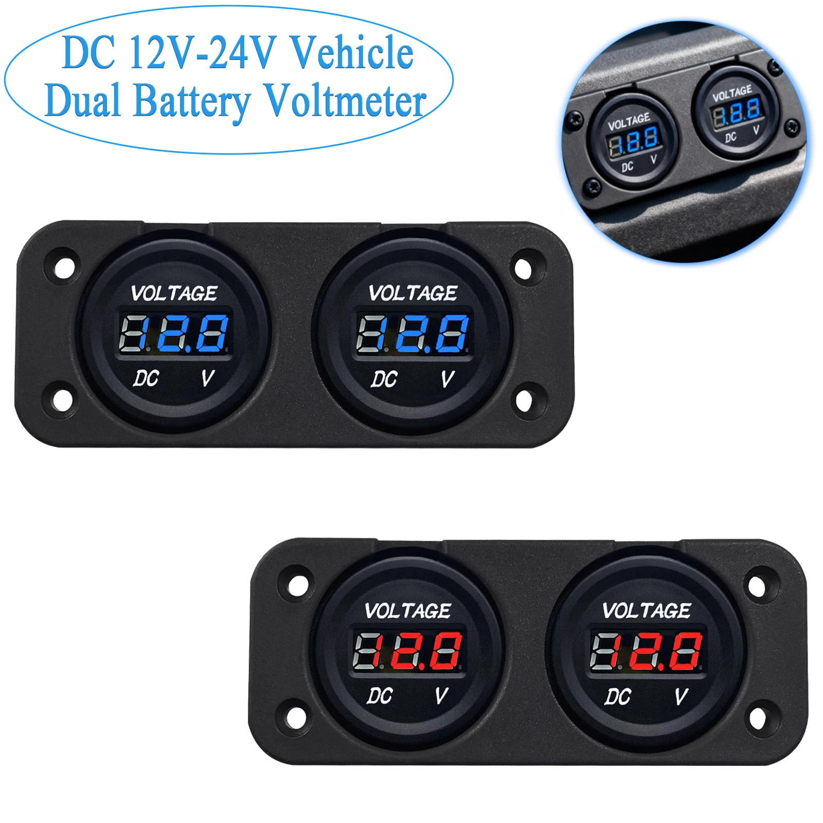 DC 12V 24V Dual Battery Monitor Digital Display Blue / Red LED Voltage ...