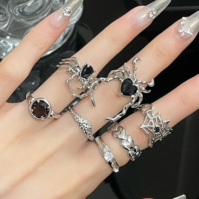 Gothic-Irregular-Spider-Webs-Zircon-Rings-Punk-Black-Crystal-Grunge ...