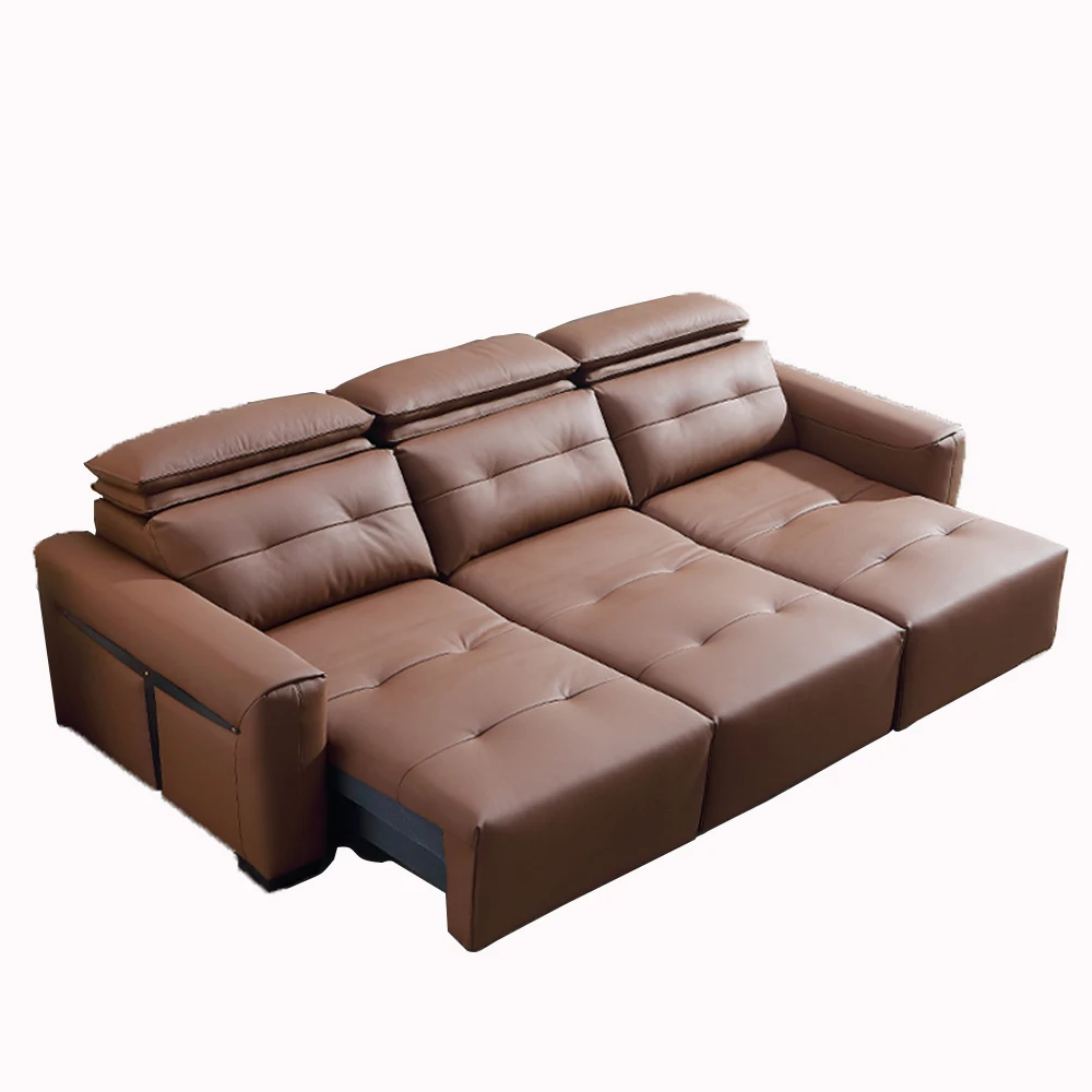 Genuine Leather Electric Convertible Sofa Bed with Adjustable Headrest ...