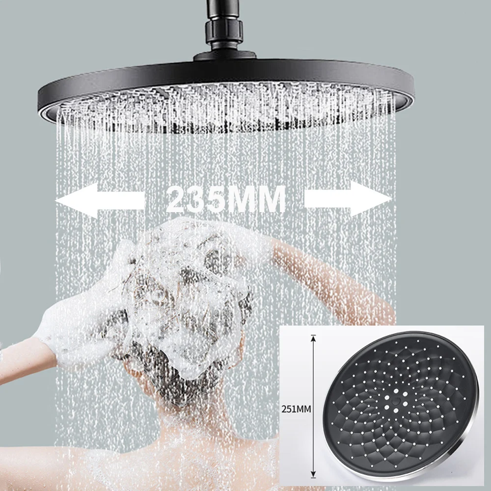 Black-Rainfall-Shower-Head-Large-Round-Flow-Supercharge-Rain-Sprayer ...
