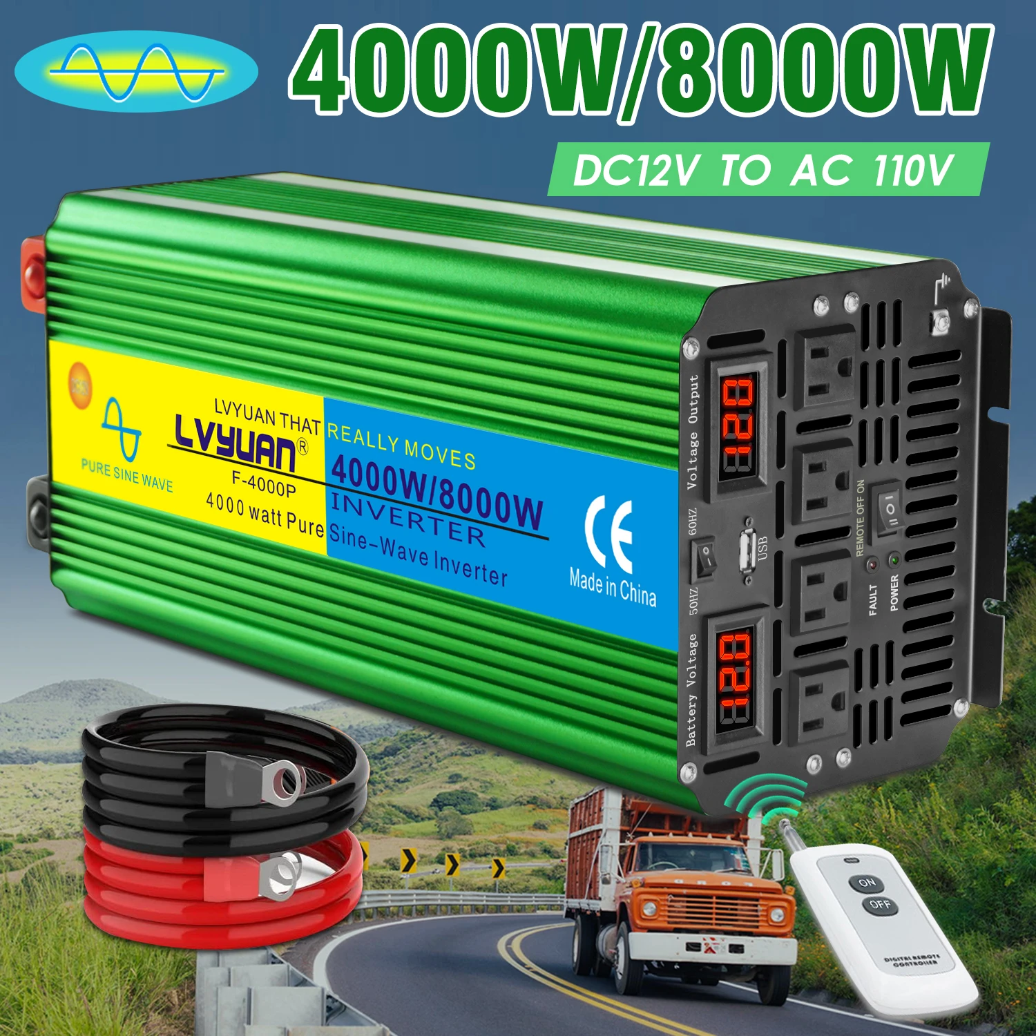 4000W/8000W Green Pure Sine Wave Inverter DC 12V/24V TO AC 100V 110V ...