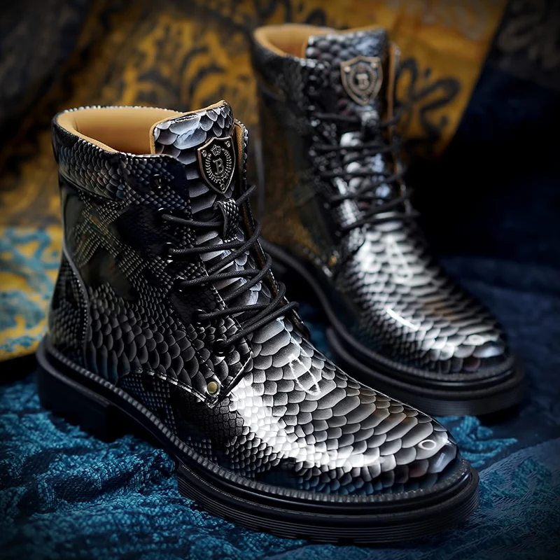 Men-Boots-Leisure-Leather-Short-Shoes-Ankle-Round-Toe-Snake-Pattern ...