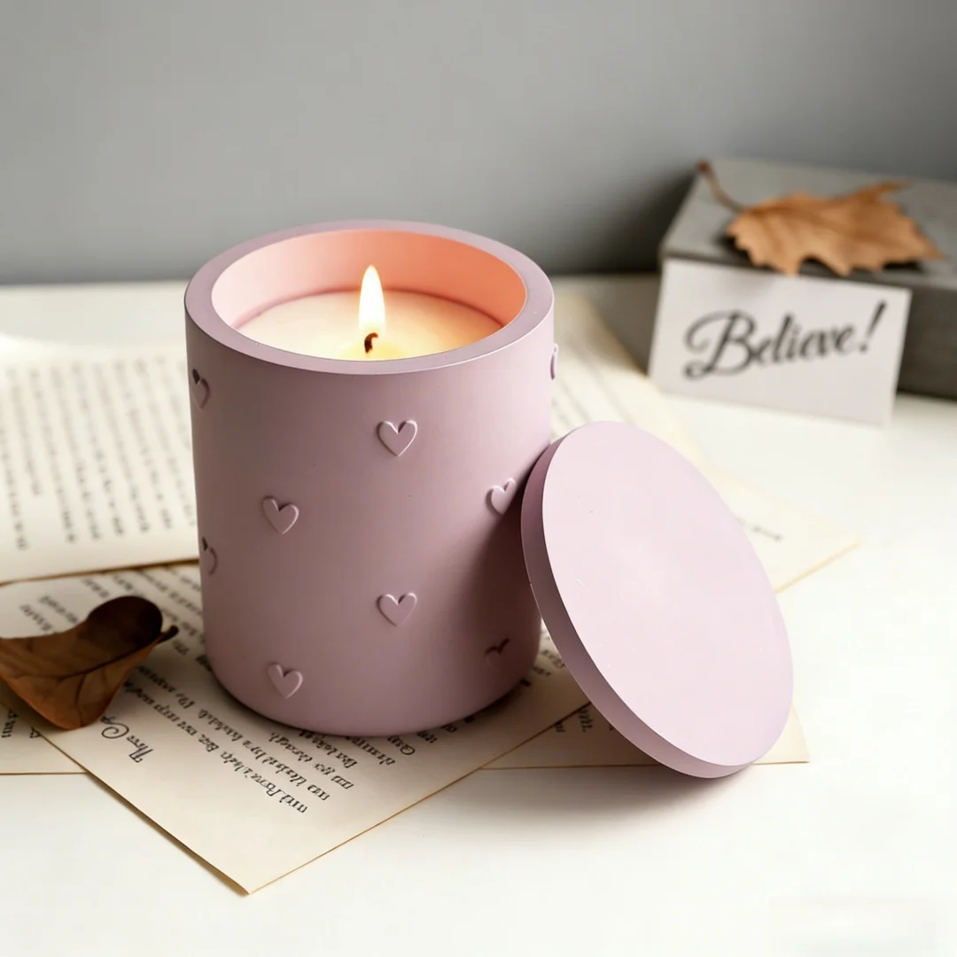 Cylindrical Heart Emboss Jar With Lid Candle Cup Gypsum Silicone Mold ...