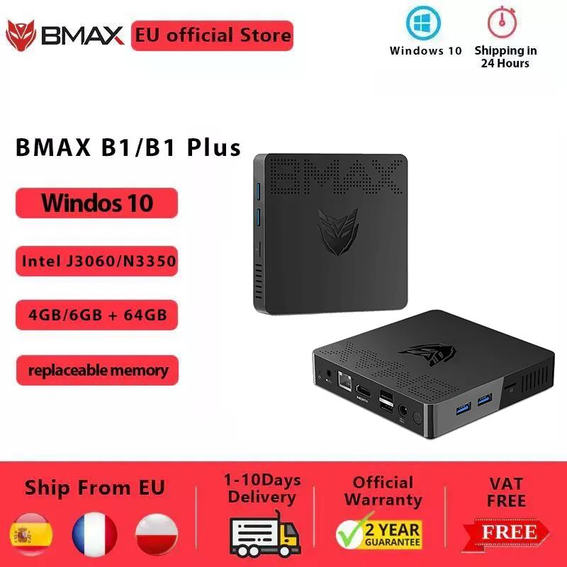 BMAX Mini Pc 6GB+64GB eMMC Windows 10 Pro Celeron N3350 Fanless Desktop ...