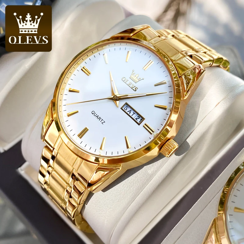 OLEVS Classic Gold Wrist Watches For Top Brand Luxury Business Leather ...