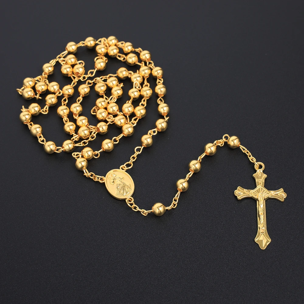 Gold-Color-Rosary-Necklace-For-Women-Men-Long-6MM-Beads-Chain-Crucifix ...