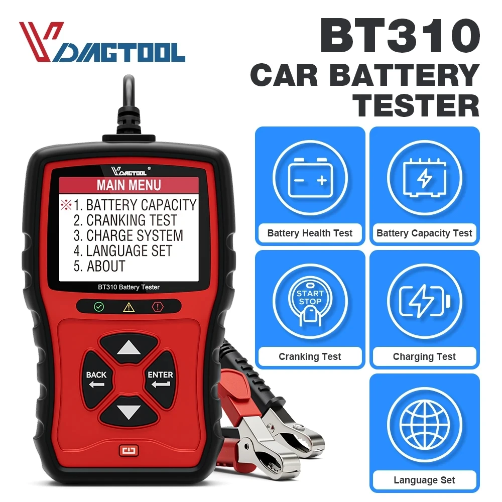 VDIAGTOOL BT310 12V 24V 자동차 배터리 테스터 배터리 분석기 용량/부팅/충전 테스터 차량 테스터(LED 표시등 ...
