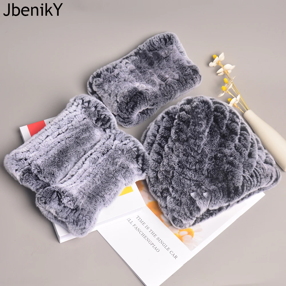 Women-Winter-Knit-Elasticity-Real-Rex-Rabbit-Fur-Hat-Scarf-Gloves-Sets ...