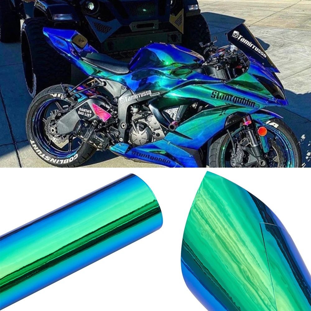 Holographic-Rainbow-Chrome-Green-Plating-Car-Motorcycle-Sticker-Vinyl ...