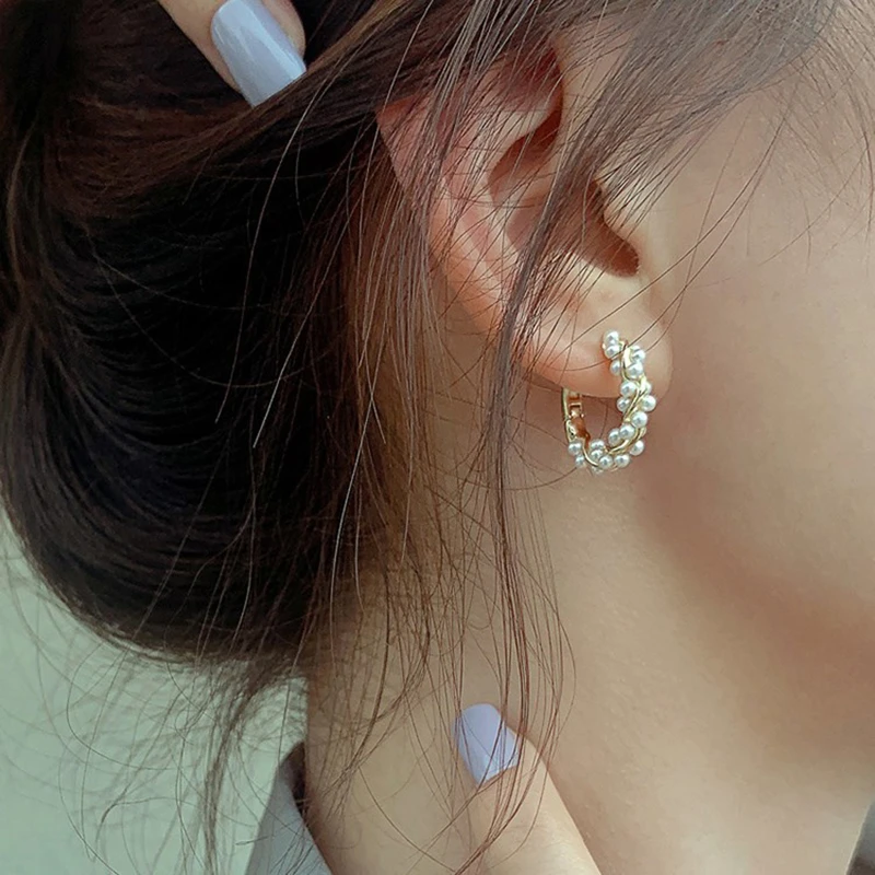 925 Sterling Silver Pearl Curved Shape Earrings Women's Geometric Shape ...