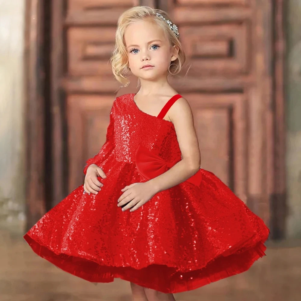 Red Sequin Party Dress For Girls Christmas Sparkling Bow Birthday Dress ...