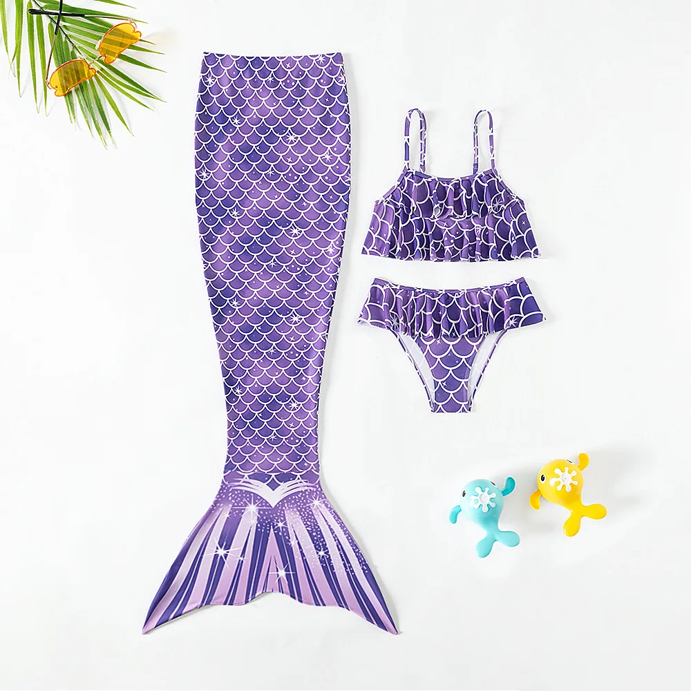 New-3Piece-Girls-Mermaid-Swimsuit-Shiny-Purple-Mermaid-Tail-Skirt-and ...