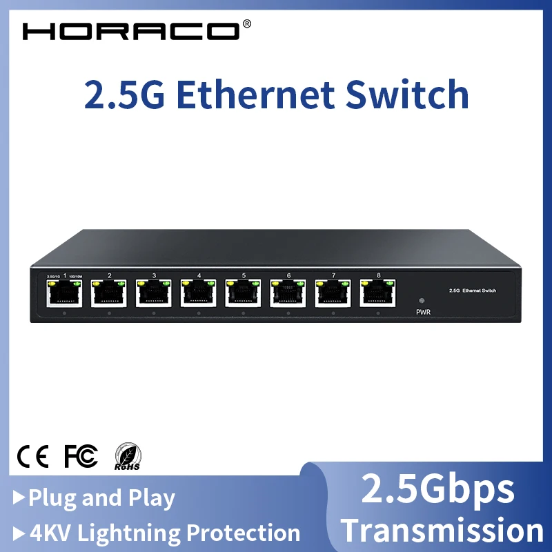 HORACO 2.5G Ethernet Switch 2.5GBASE-T 8 Port 5 Port RJ45 Fanless Plug ...