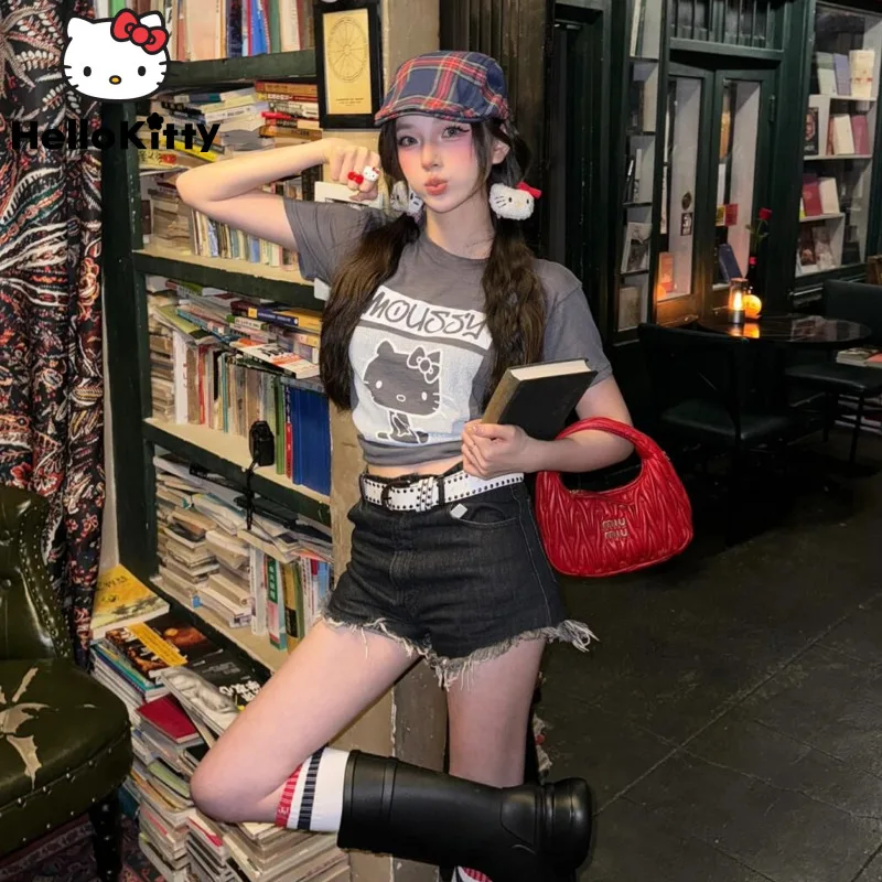 Sanrio-Hello-Kitty-Sweet-Spicy-Y2k-Girl-Grey-T-shirt-Women-s-Summer ...