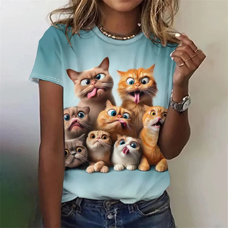 Funny Cat Pattern T-Shirt For Women Cute Animal 3D Printed T Shirts ...