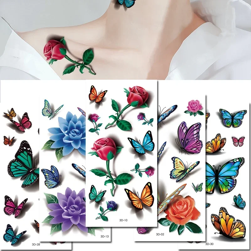 Temporary-Tattoos-Sticker-for-Women-Body-Art-Tattoo-Sticker-3D-Butterfly-Rose-Flower-Feather ...