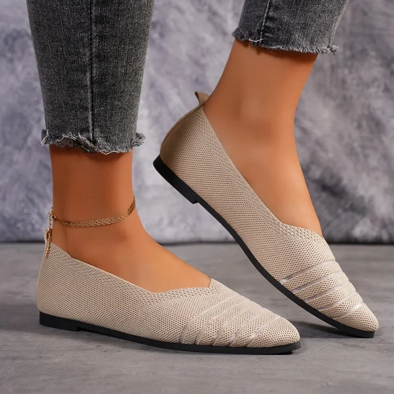 New-Women-Pointed-Toe-Flat-Shoes-Solid-Color-Knitted-Slip-on-Shoes ...