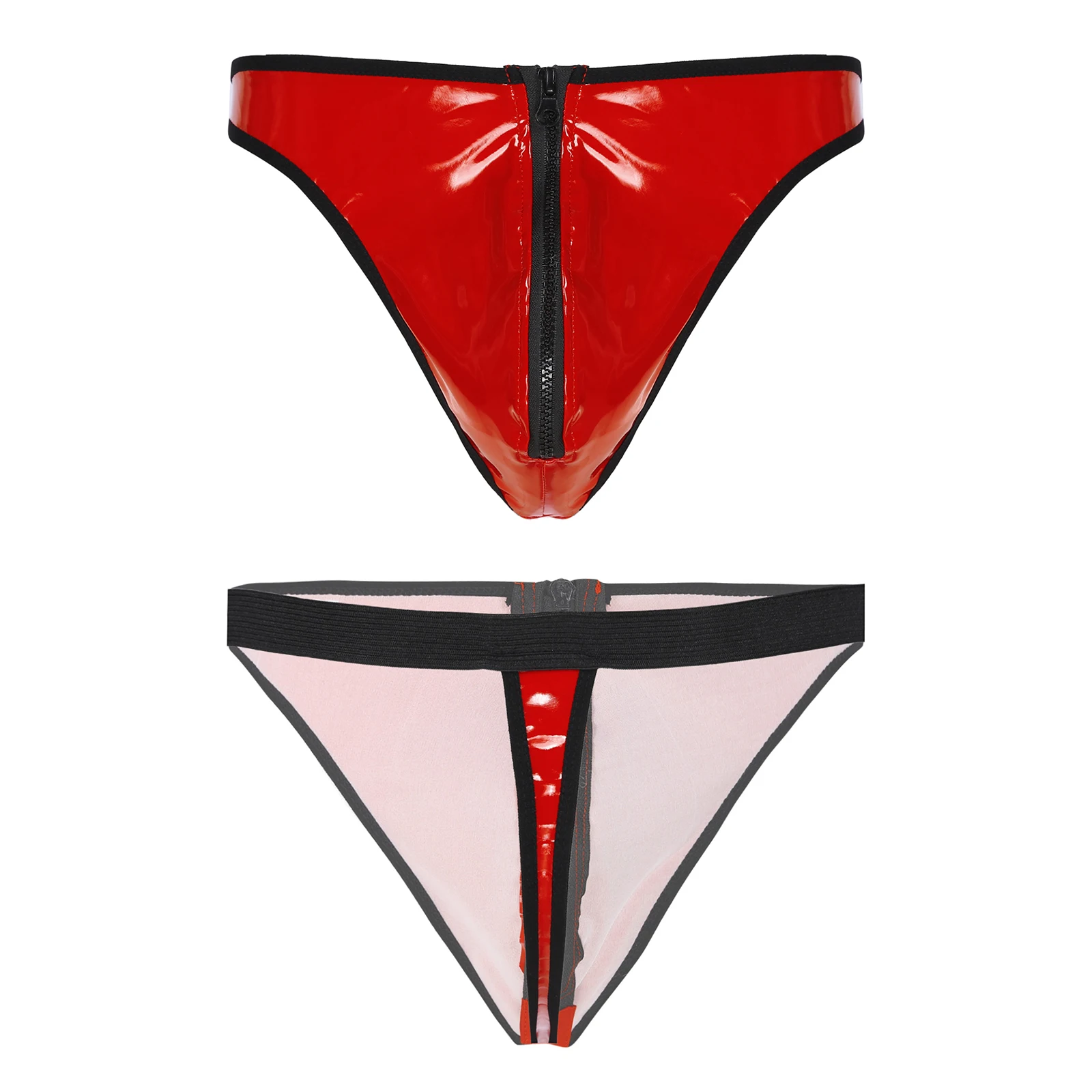 Mens Sissy Wet Look Patent Leather Briefs Zipper Bulge Pouch Thong