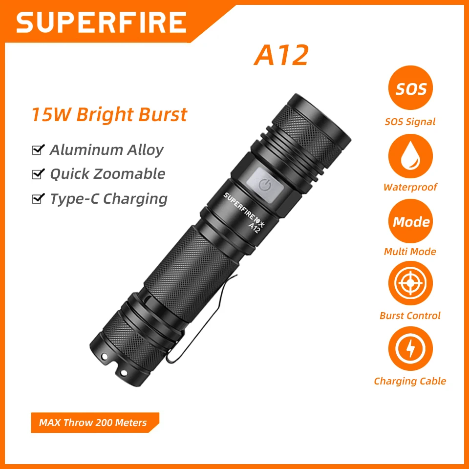 SUPERFIRE-A12-Powerful-LED-Flashlight-USB-C-Rechargeable-Zoomable-18650 ...
