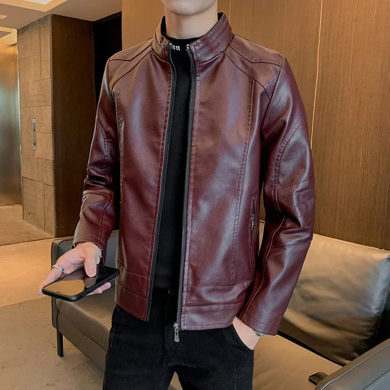 Stand Collar Mens Fashion Leather Jacket Slim Fit Casual Business ...