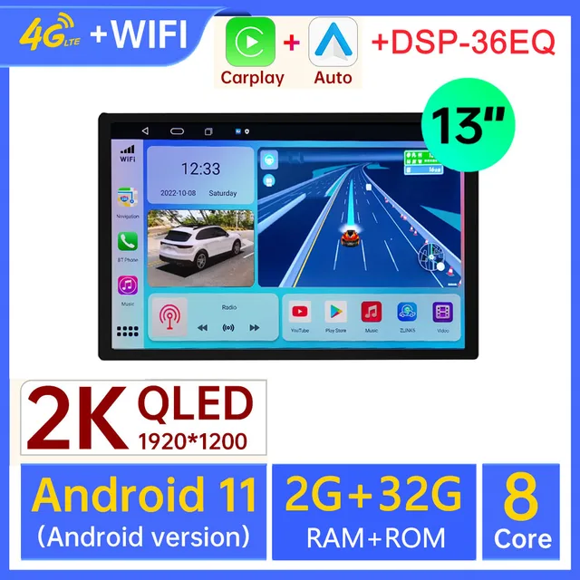 13" inch 2 Din Car Android Radio Stereo Video Player GPS 2din Universal CarPlay Auto Multimedia ...