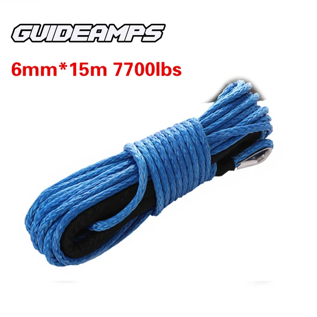 Guideamps 6mm x 15m 7700LBs Synthetic Winch Line Cable Rope with Black Protecing Sleeve for ATV ...