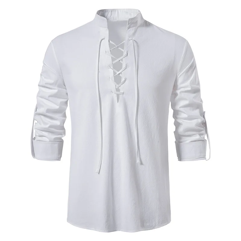 Casual Linen Blouse Man Viking | Cotton Lace Chemise | Shirts Man Lace ...