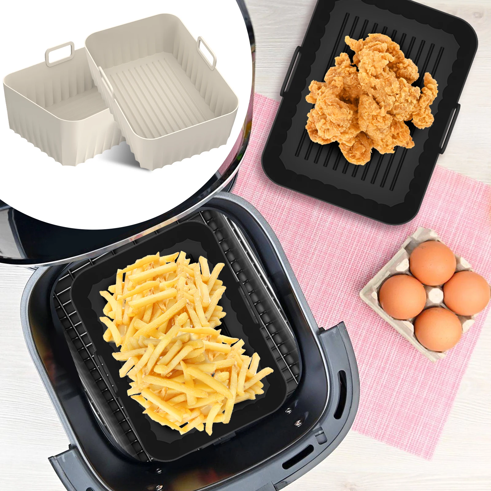2Pcs-Air-Fryer-Silicone-Liner-with-Handle-Reusable-Rectangular-Air ...