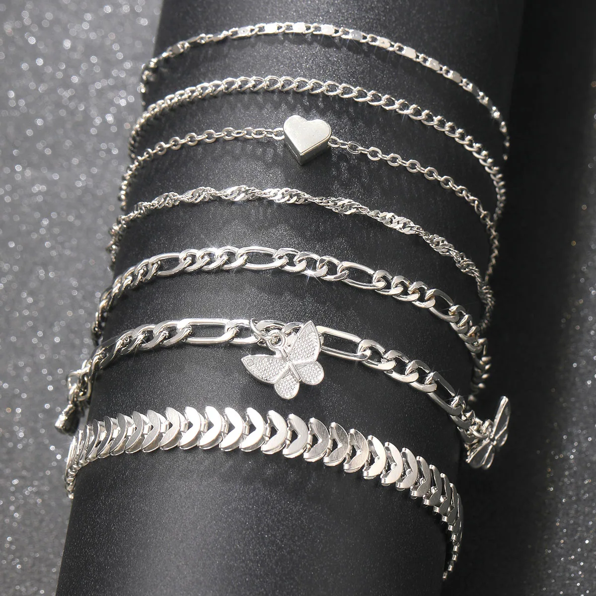 7Pcs-Fashion-Thick-Chain-Link-Bracelets-Set-For-Women-Silver-Color-Butterfly-Heart-Metal-Snake ...