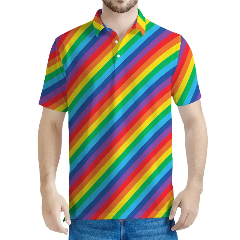 Rainbow-Stripes-Geometric-Pattern-Polo-Shirts-For-Men-3D-Printed-Short ...