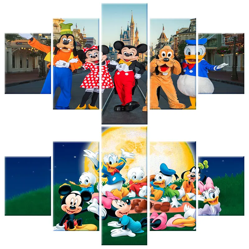 Disney Cartoon Mickey Mouse 5 Panels Poster Minnie Donald Duck Canvas ...