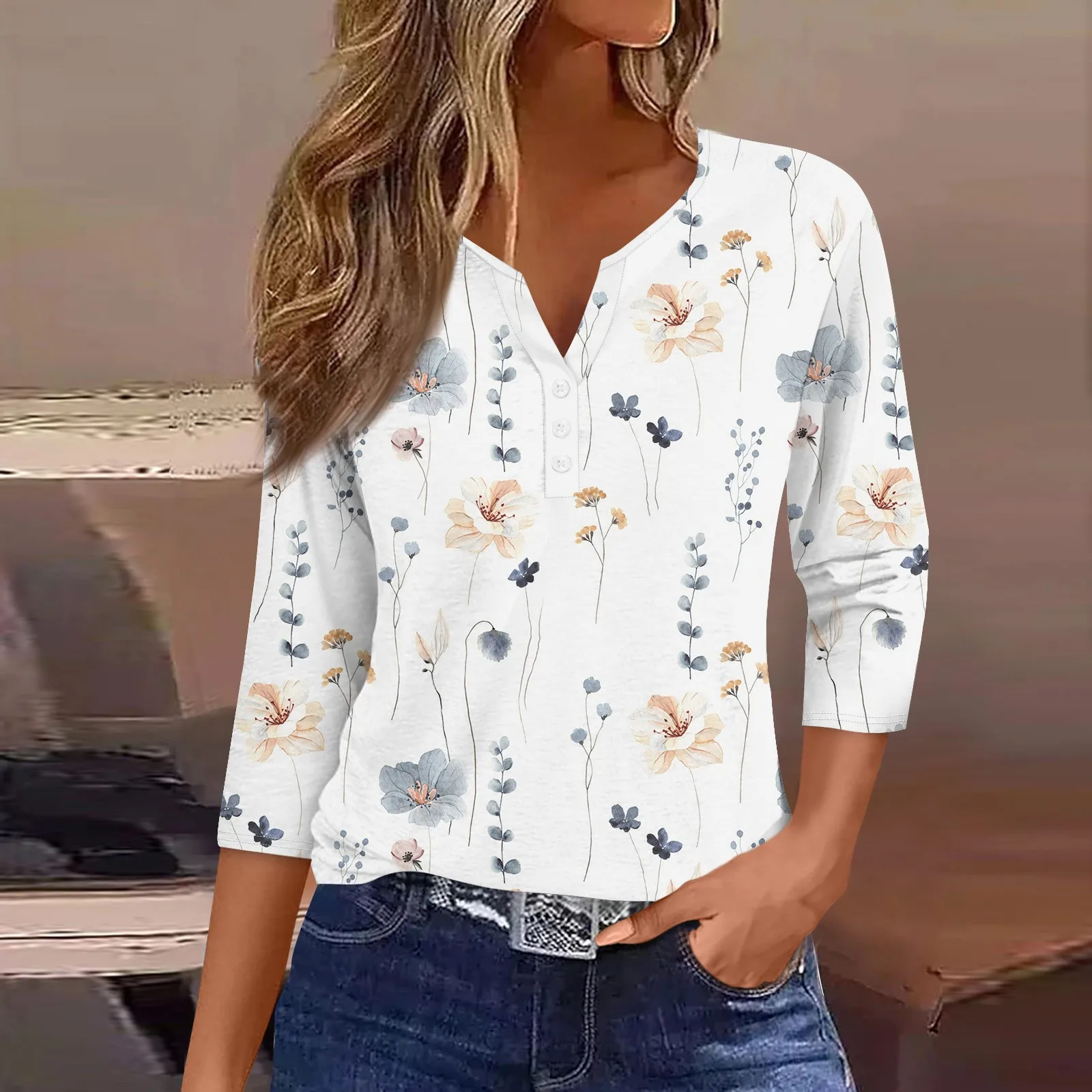 Women's Summer T-Shirts Fashion Flower Print Casual Versatile 3/4 ...