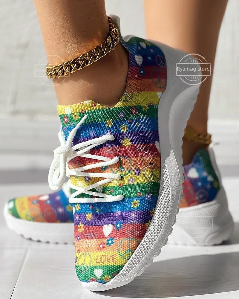 Women's Sneakers Geometric Love Heart Floral Rainbow Stripe Shoes ...