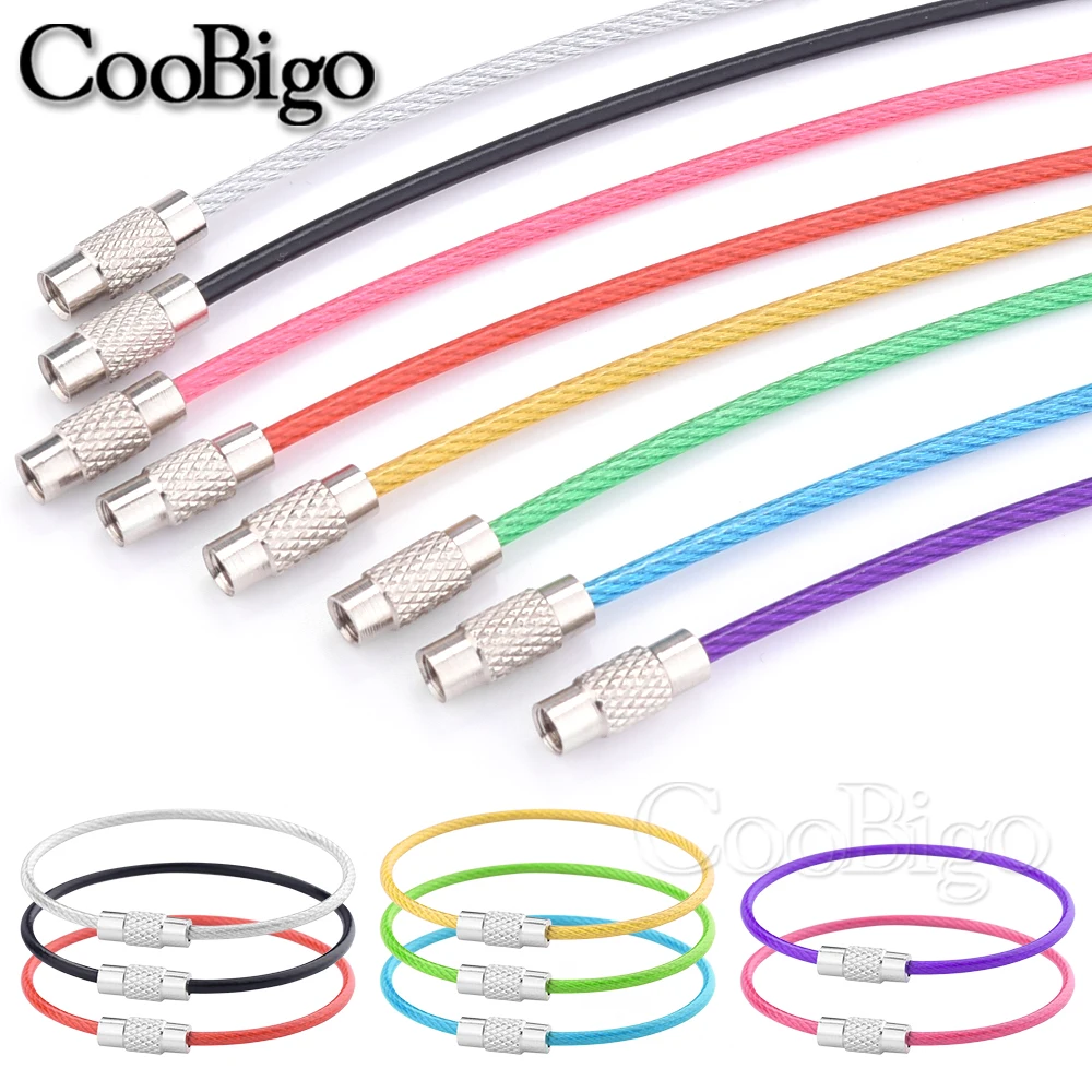 50pc-Stainless-Steel-Wire-Keychain-Ring-Rope-Cable-Loop-Screw-Lock ...