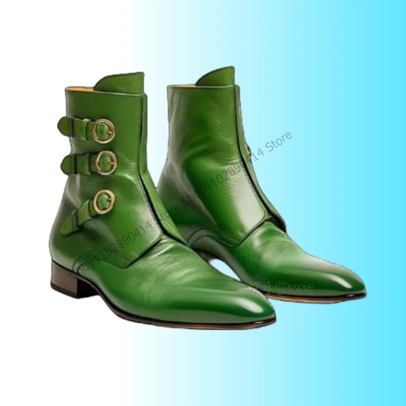 Green-Buckle-Decor-Mid-Calf-Square-Toe-Boots-Fashion-Slip-On-Men-Boots ...