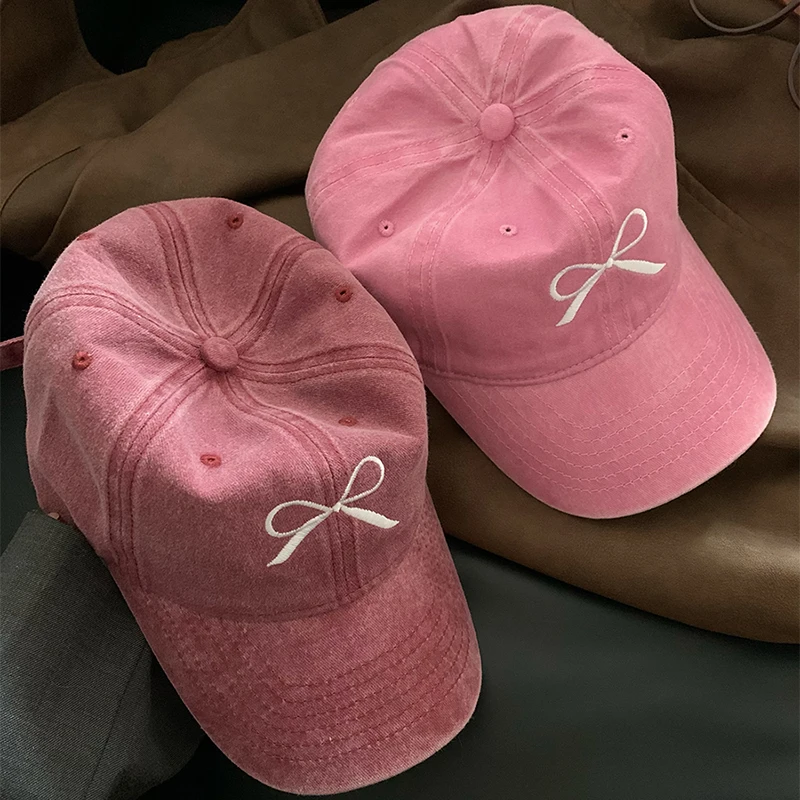Pink-Bow-Baseball-Cap-for-Women-Y2K-Korean-Washed-Denim-Snapback-Hat ...