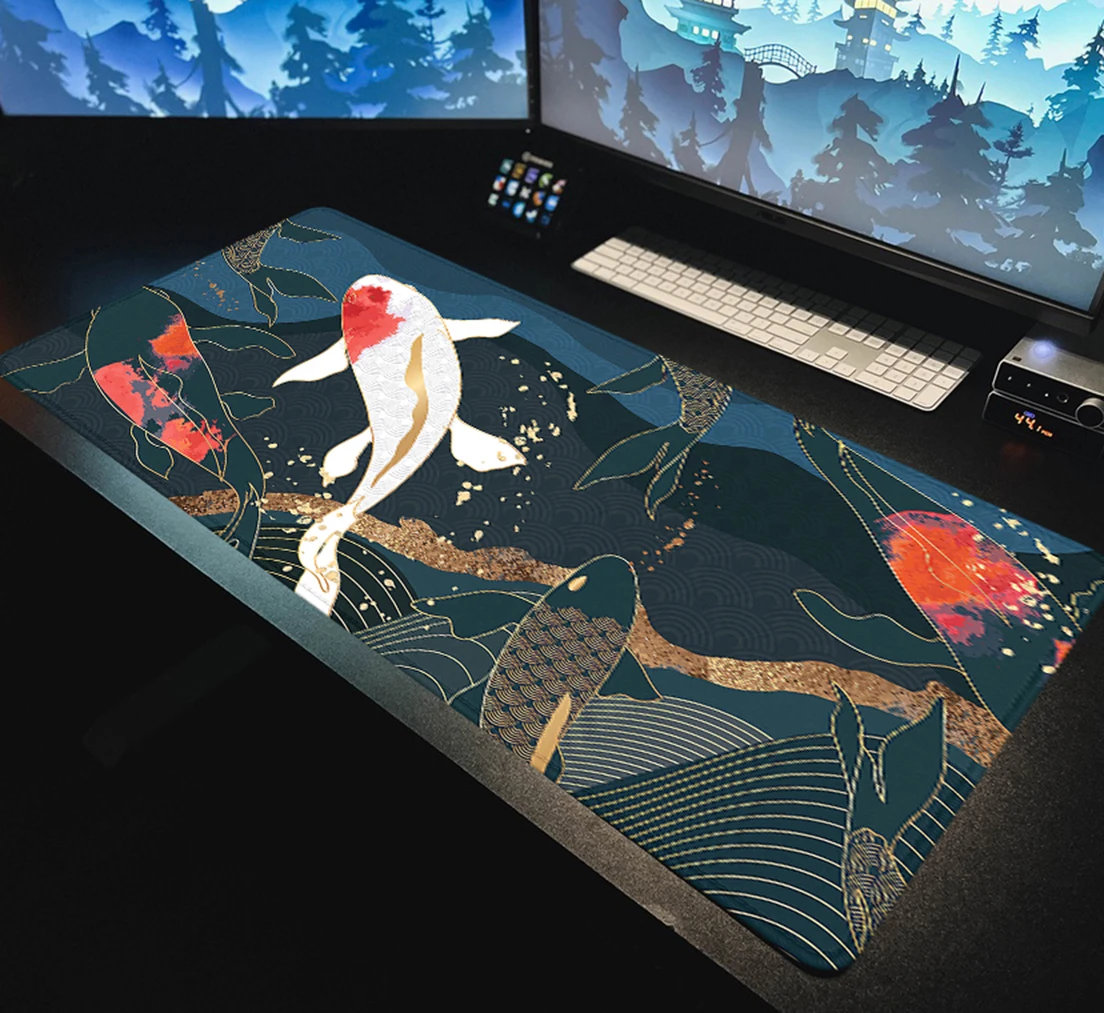 Japanese-Desk-Mat-Koi-Fish-Mousepad-Black-Gold-Large-Xxl-Gaming-Deskmat ...