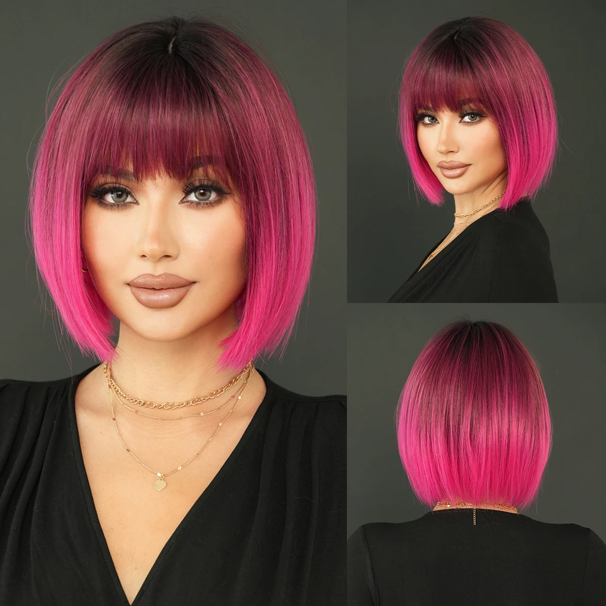 NAMM Rose Pink Short Wig for Women Daily Party Overhead Dyeing Black ...