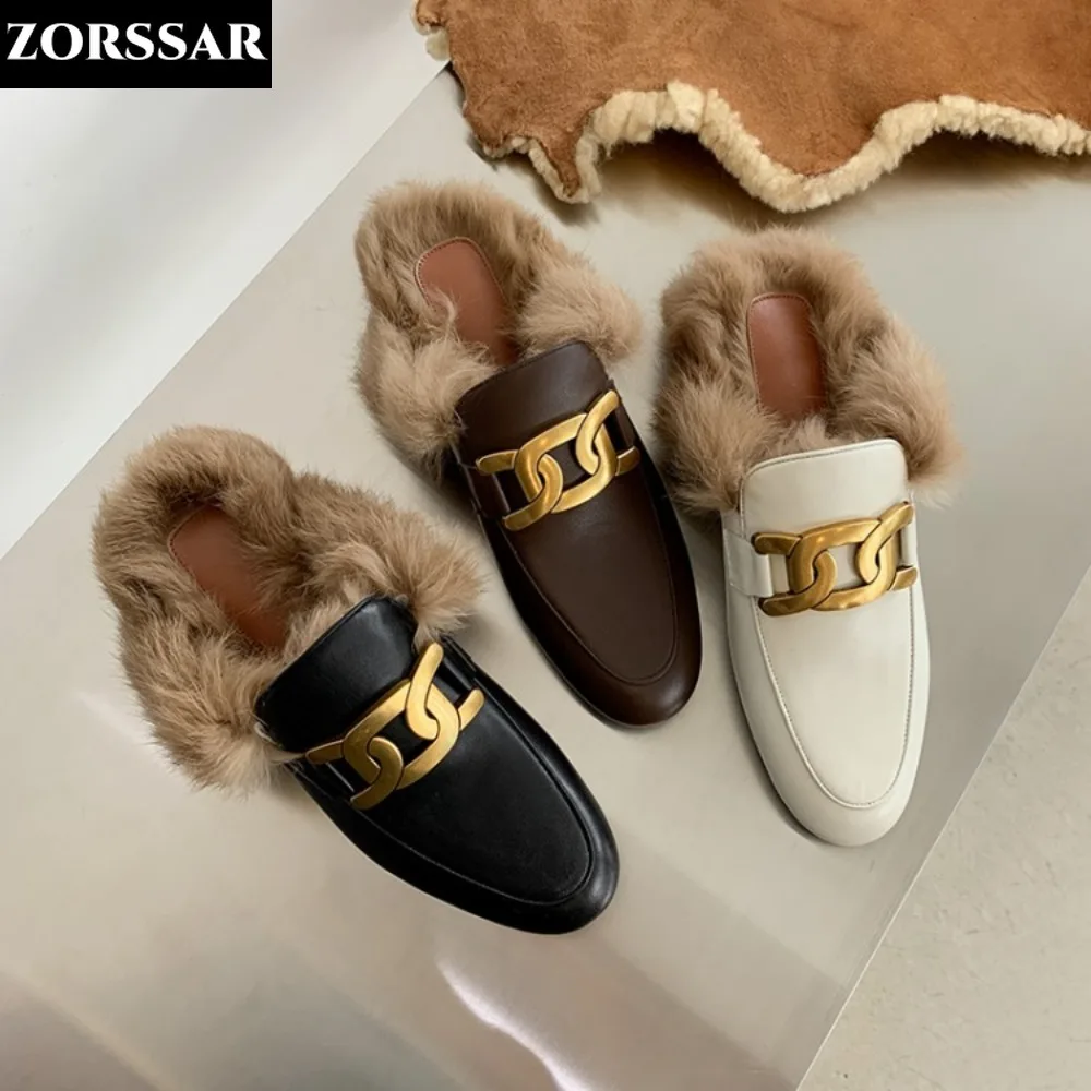Genuine-Leather-Half-Slippers-Winter-Women-Fluffy-Slipers-Outdoor-Flats ...