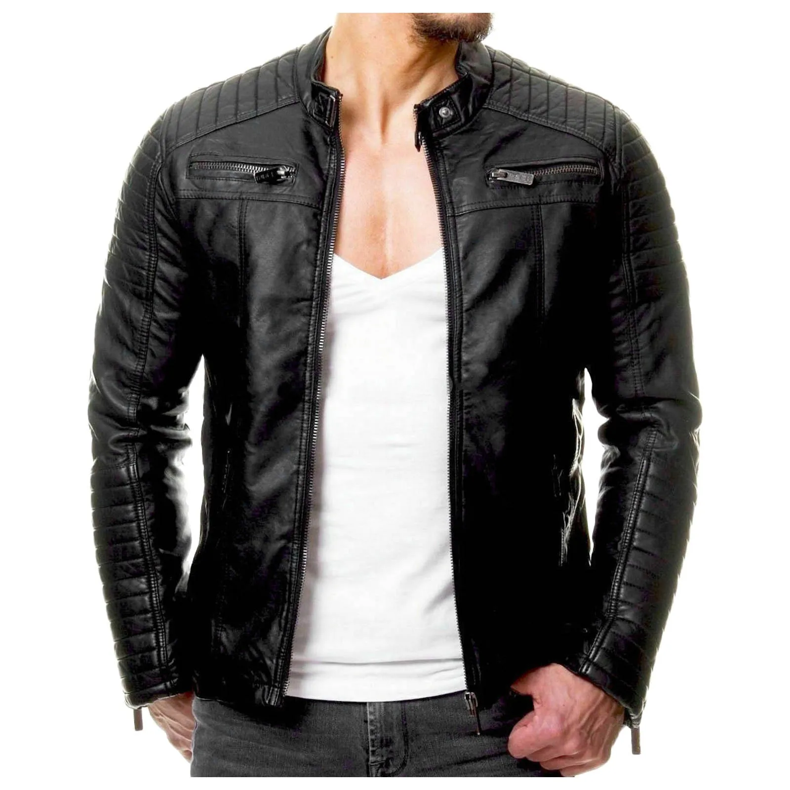 Mens-Fashion-Stand-Collar-Leather-Jackets-Man-Casual-Windproof-Slim-Fit ...