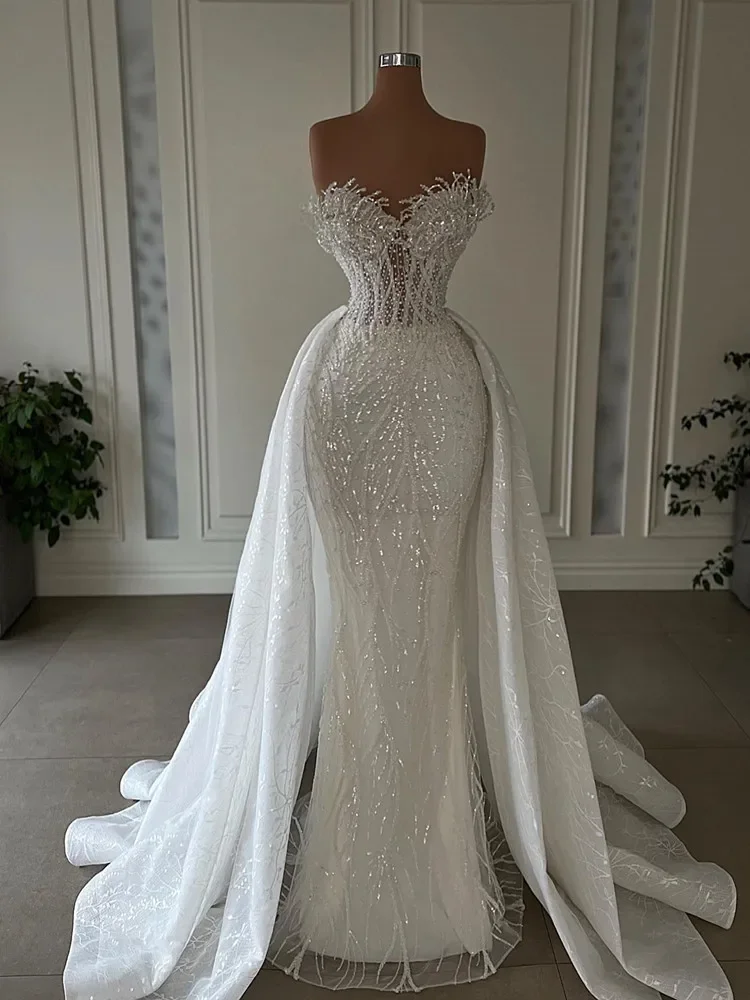 Customized Luxury Beads Feathers Mermaid Wedding Dresses With ...