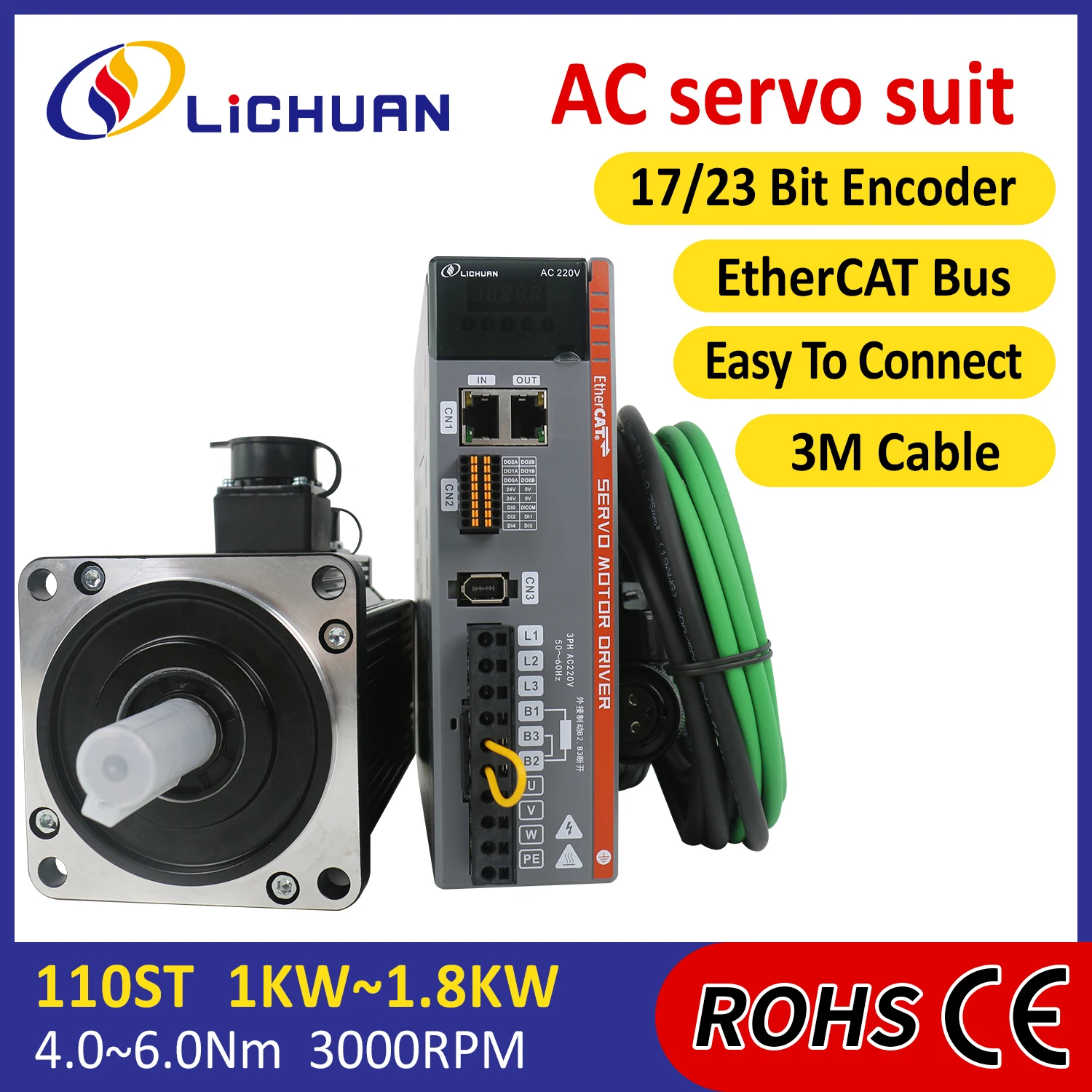 EtherCAT 220V 5/6A 3000RPM 1.2KW1.5KW1.8KW AC Servo Motor Controller 4N ...