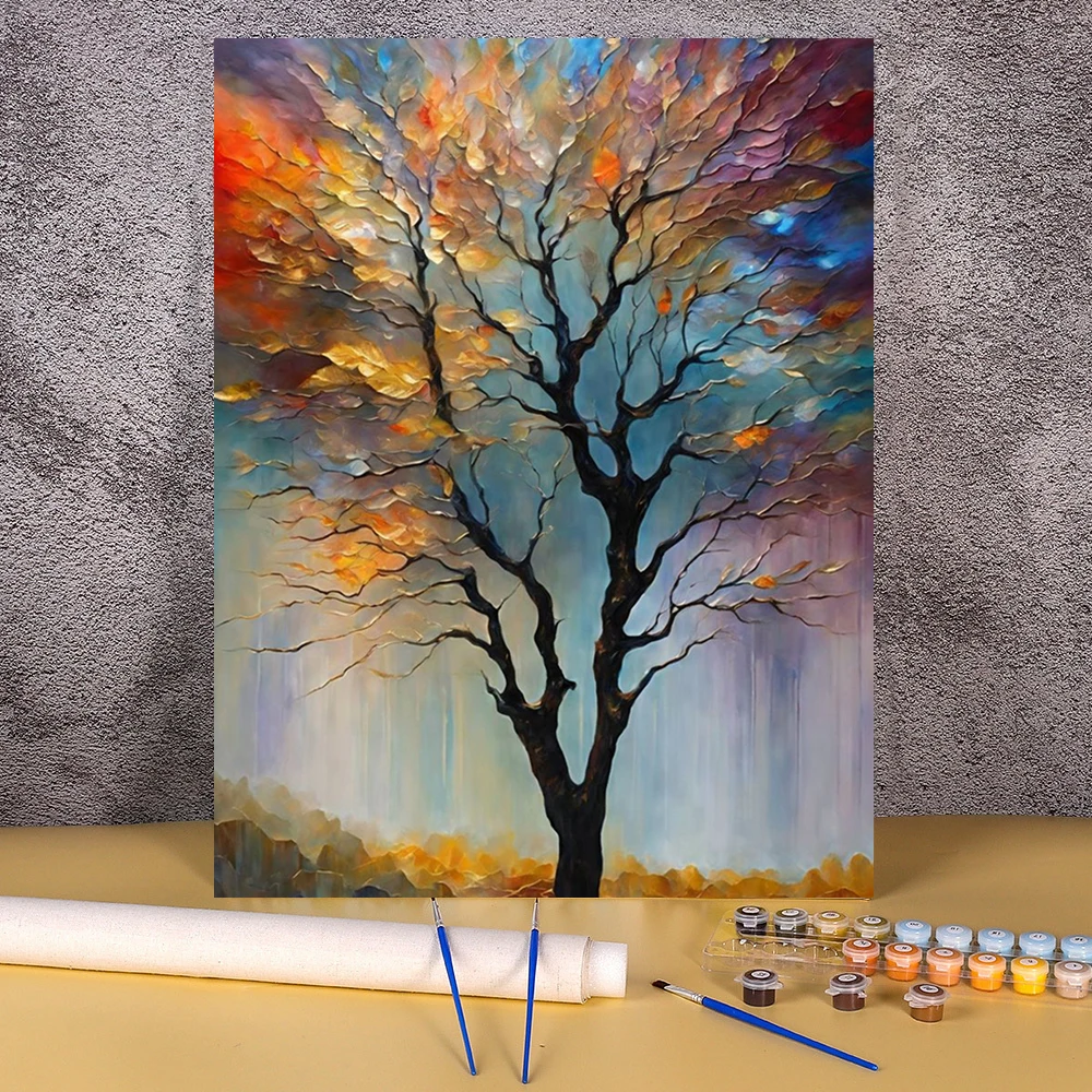 Hand Painting Abstract Tree Landscape Painting By Numbers Kit DIY ...