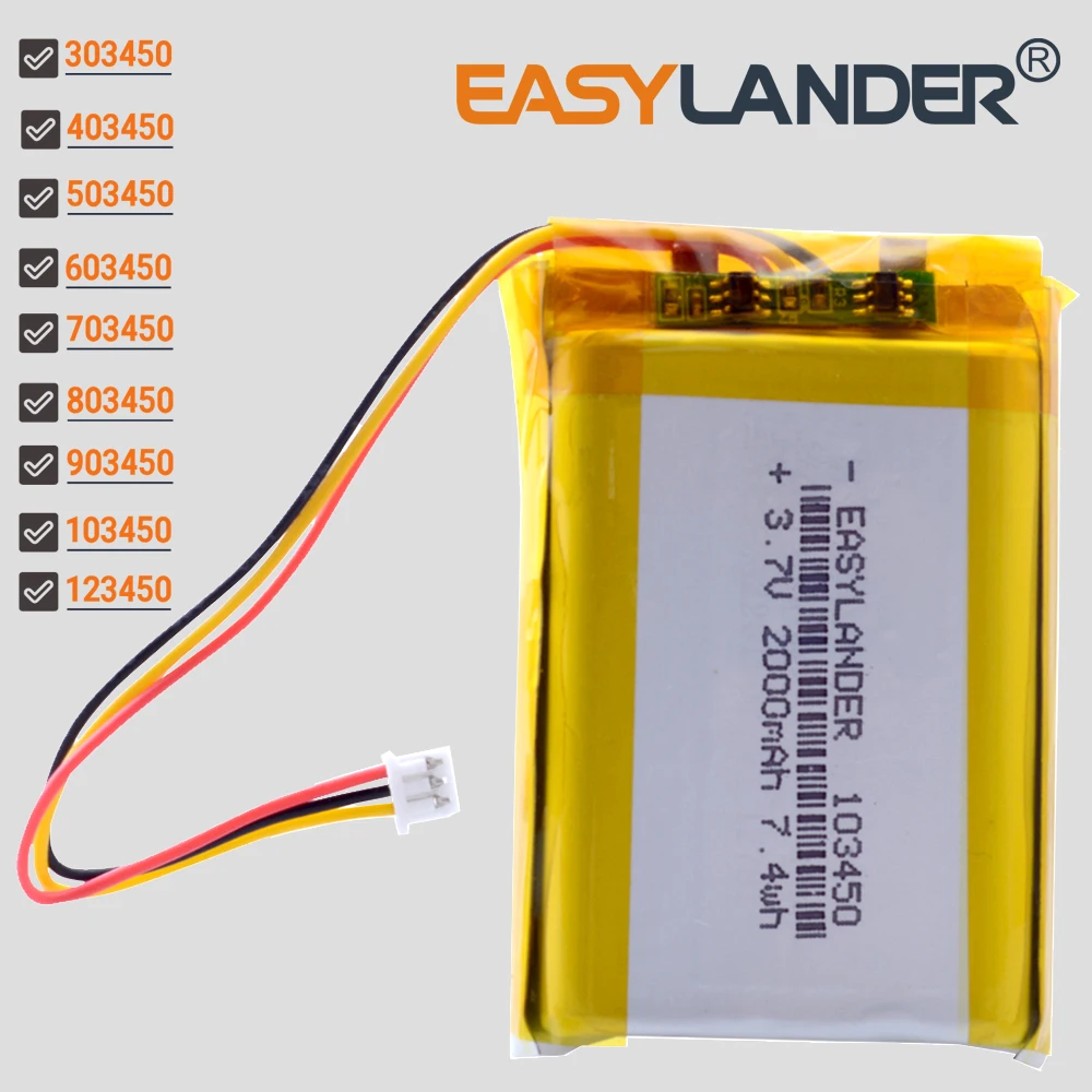 Batería de Polímero de Litio Li-ion JST1.25 3P 3.7V 2000mAh 103450 Lipo ...