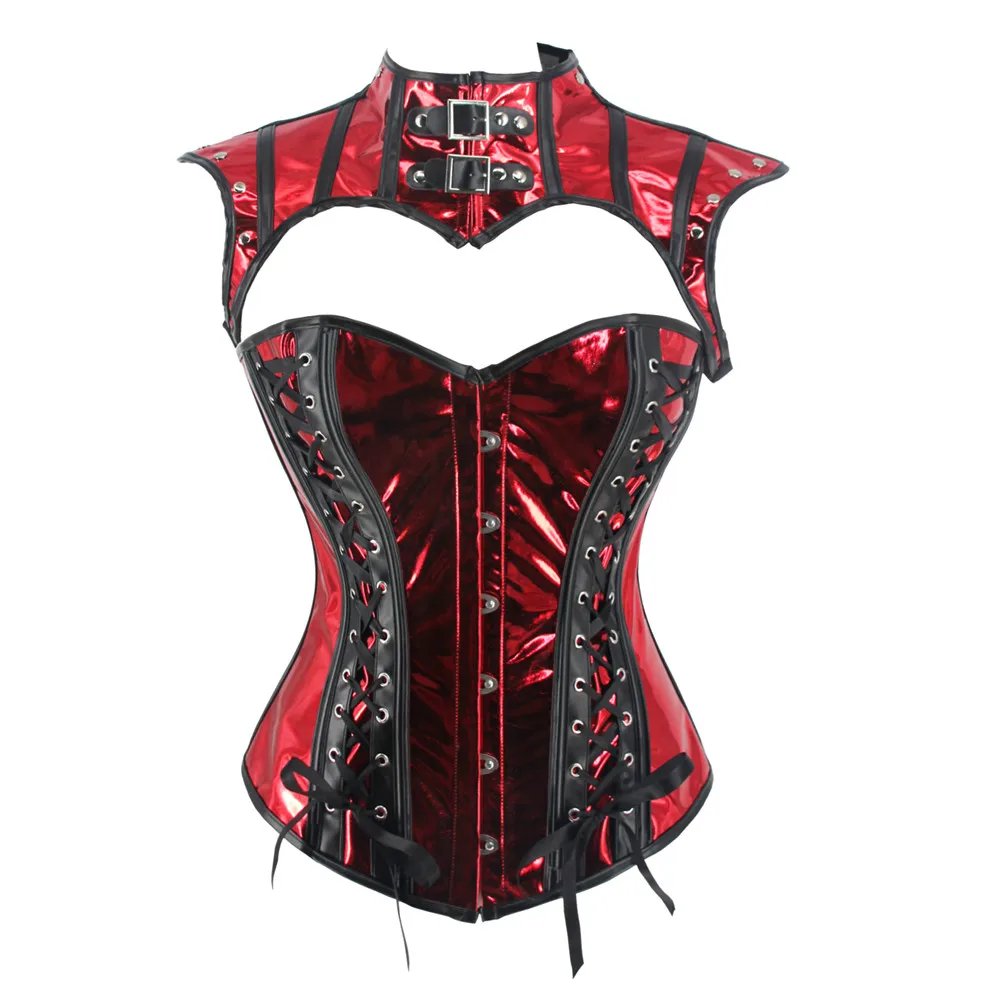 Retro Shiny Metallic Faux Leather Corset Set Steampunk Women Sexy Goth ...