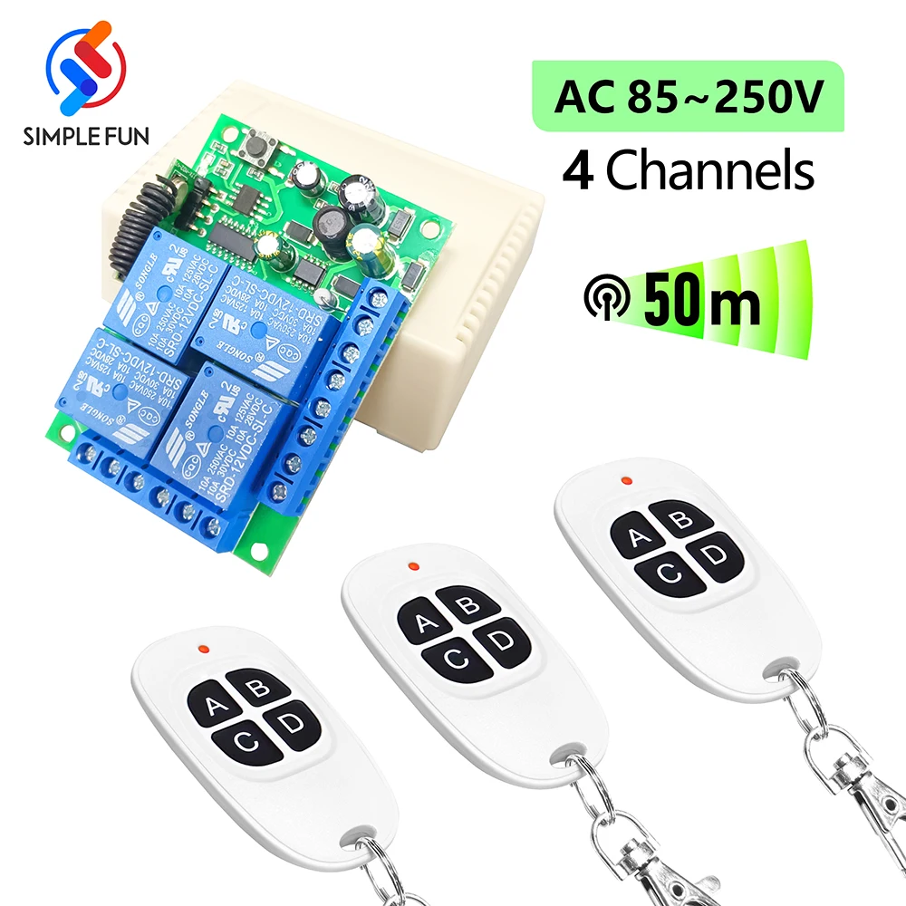 RF-433MHz-Wireless-Remote-Control-Switch-AC110V-220V-10A-4-Channels ...