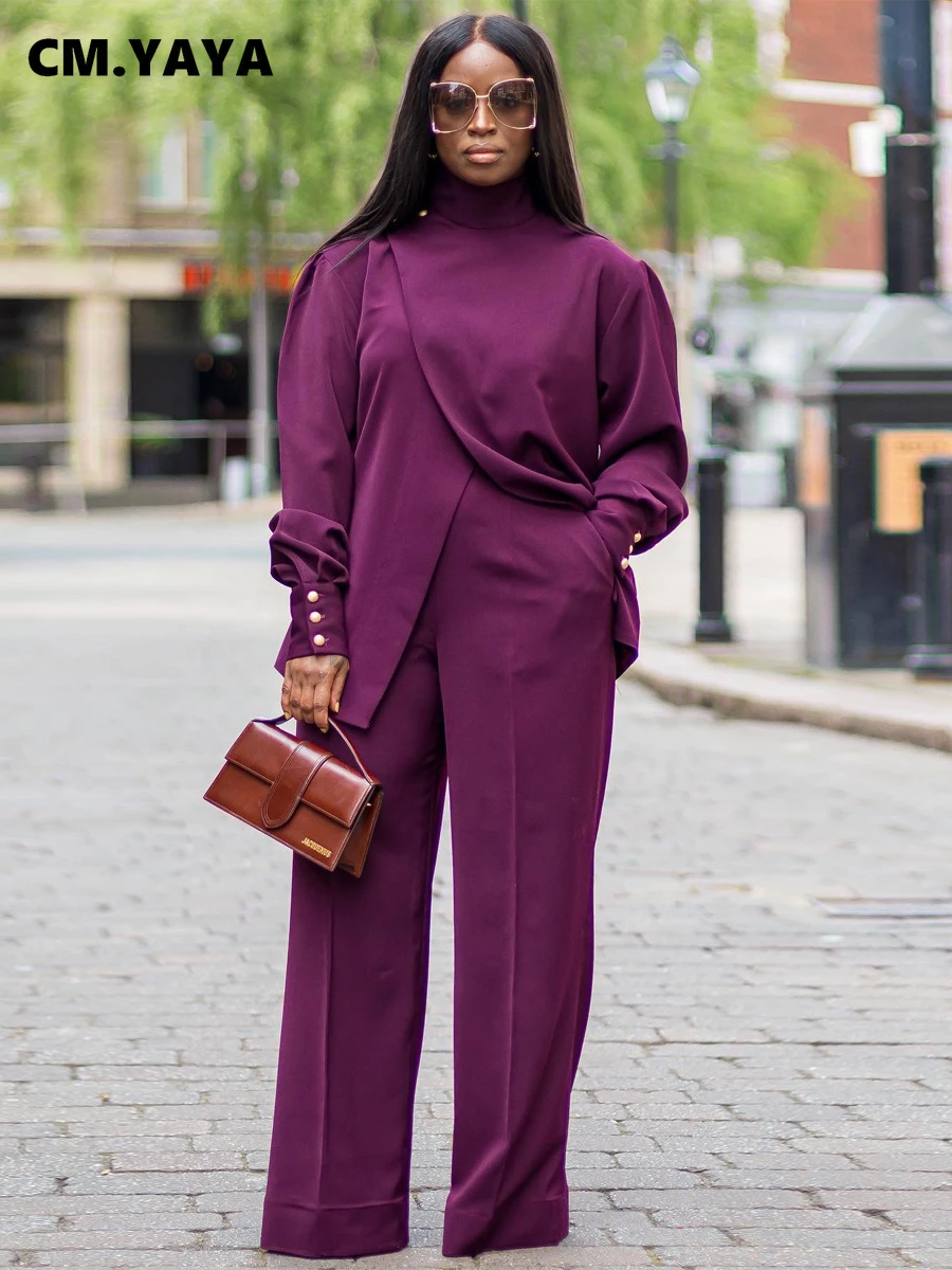 CM.YAYA Fashion Vintage Women's Set Long Sleeve Slit Blouse and Wide ...