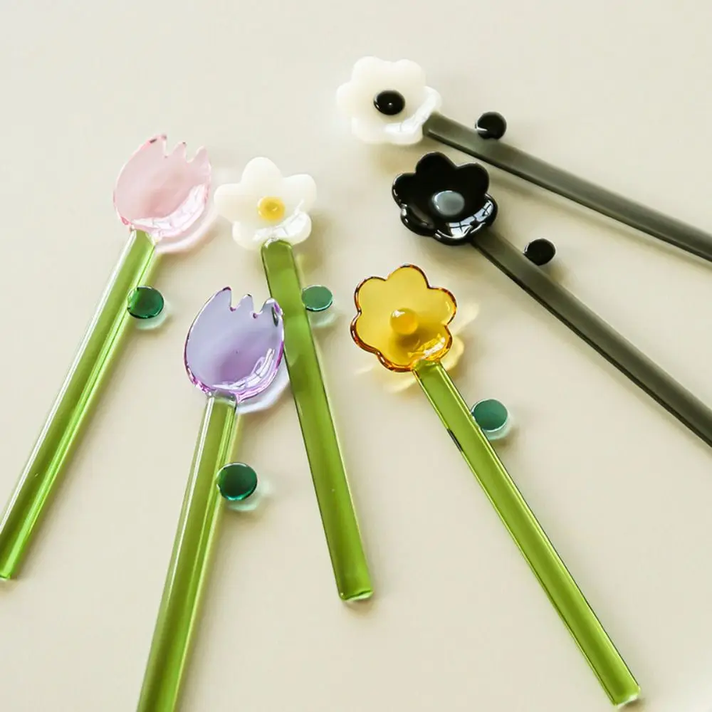 Flower Shaped Glass Spoon Creative Transparent Long handle Dessert ...