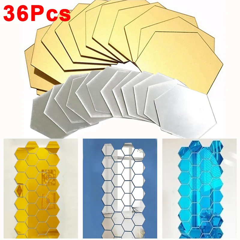 1-36Pcs-3D-Mirror-Wall-Sticker-Hexagon-Acrylic-DIY-Self-Adhesive-Mirror ...