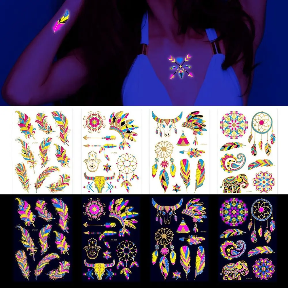 Fluorescent-Waterproof-Temporary-Tattoos-Party-Music-Festival-Feather ...